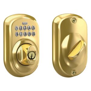 schlage be365 v ply 505 plymouth keypad deadbolt, electronic keyless entry lock, bright brass