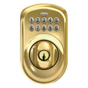 Schlage BE365 V PLY 505 Plymouth Keypad Deadbolt, Electronic Keyless Entry Lock, Bright Brass