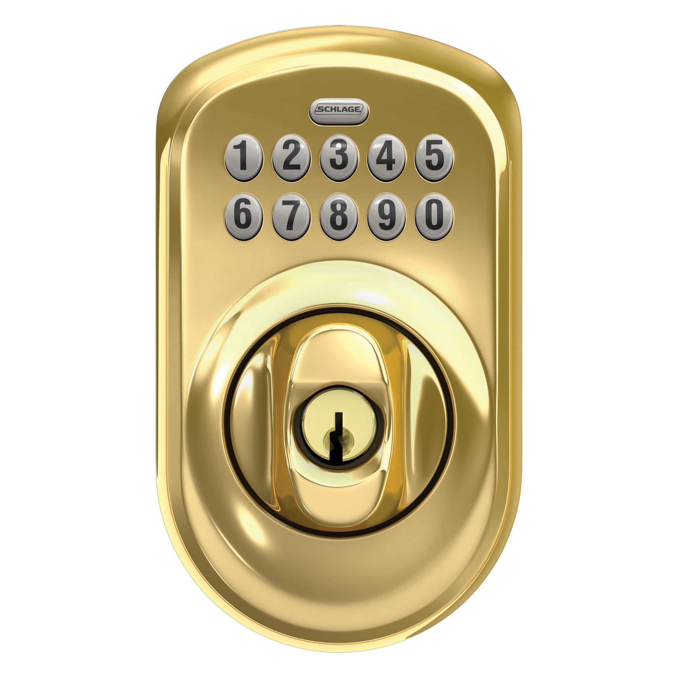 Schlage BE365 V PLY 505 Plymouth Keypad Deadbolt, Electronic Keyless Entry Lock, Bright Brass