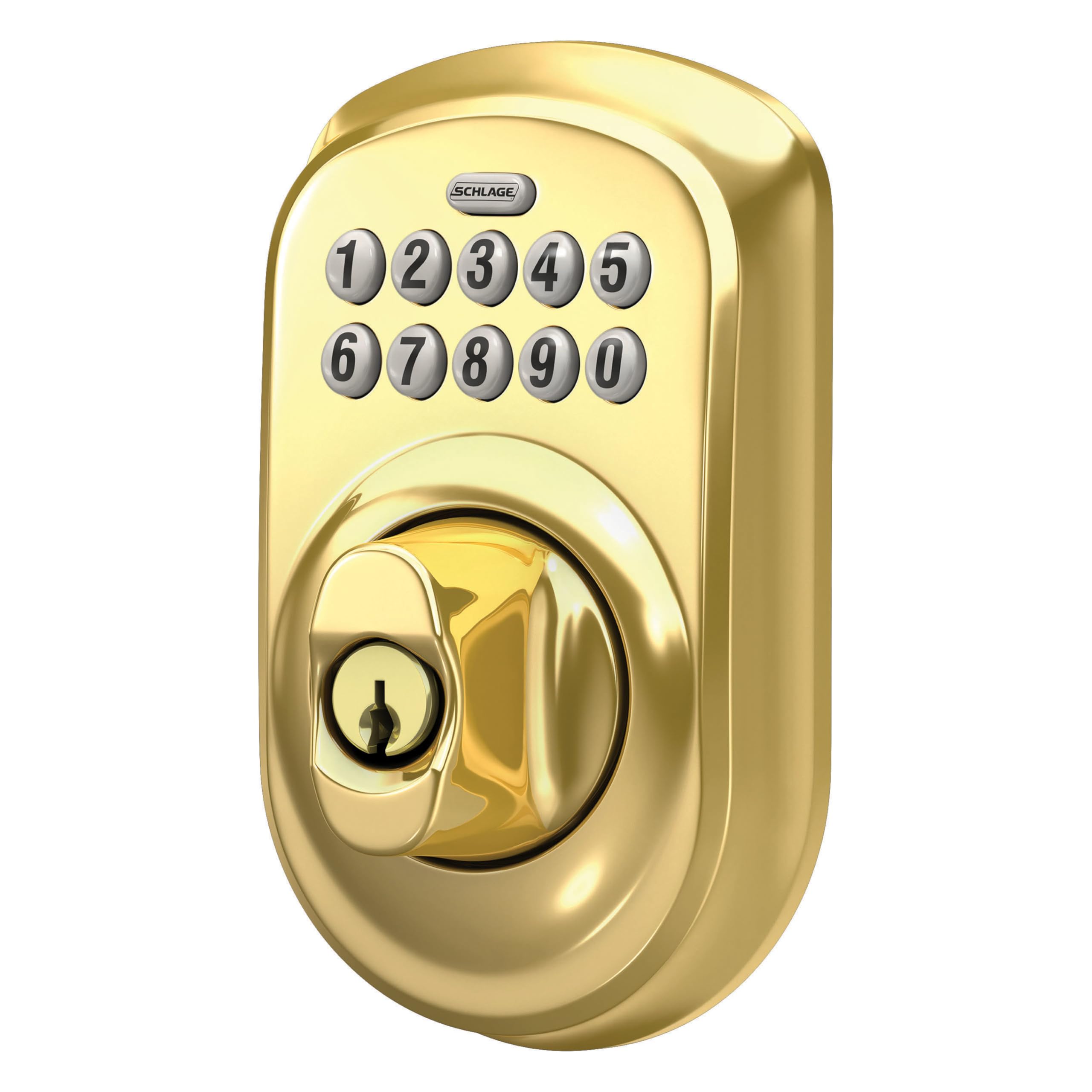 Schlage BE365 V PLY 505 Plymouth Keypad Deadbolt, Electronic Keyless Entry Lock, Bright Brass