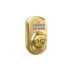 Schlage BE365 V PLY 505 Plymouth Keypad Deadbolt, Electronic Keyless Entry Lock, Bright Brass