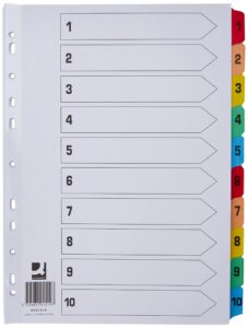 q-connect kf01519 index reinforced multi-colour 1-10 numbered tabs