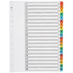 q-connect index a4 multi-punched 1-20 reinforced multi-colour numbered tabs kf01521