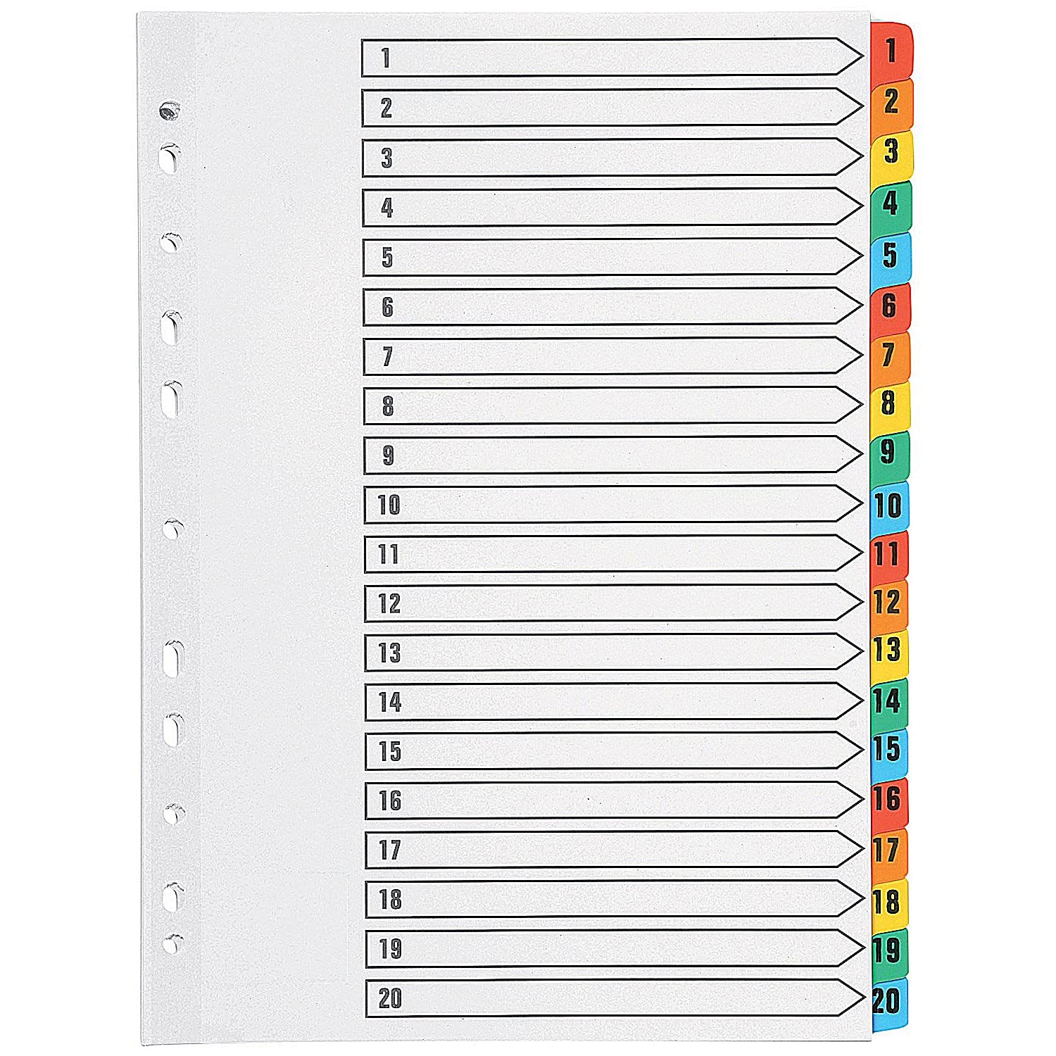 Q-Connect Index A4 Multi-Punched 1-20 Reinforced Multi-Colour Numbered Tabs KF01521