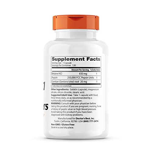 Doctor's Best Betaine HCI Pepsin & Gentian Bitters, Digestive Enzymes for Protein Breakdown & Absorption, Non-GMO, Gluten Free, 120 Caps, Original Version