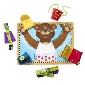 melissa & doug basic skills puzzle board - wooden educational toy - learn to button busy board, activity board for fine motor skills, developmental toy for toddlers ages 3+