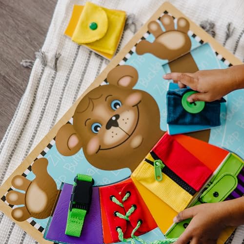 Melissa & Doug Basic Skills Puzzle Board - Wooden Educational Toy - Learn To Button Busy Board, Activity Board For Fine Motor Skills, Developmental Toy For Toddlers Ages 3+