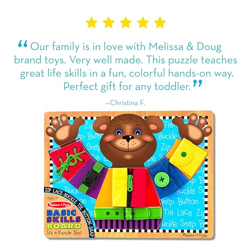 Melissa & Doug Basic Skills Puzzle Board - Wooden Educational Toy - Learn To Button Busy Board, Activity Board For Fine Motor Skills, Developmental Toy For Toddlers Ages 3+