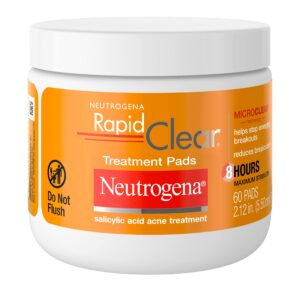 neutrogena rapid clear maximum strength acne face pads, for acne prone skin, salicylic acid treatment to help fight breakouts, oil-free facial cleansing pads with 2% salicylic acid treatment, 60 count