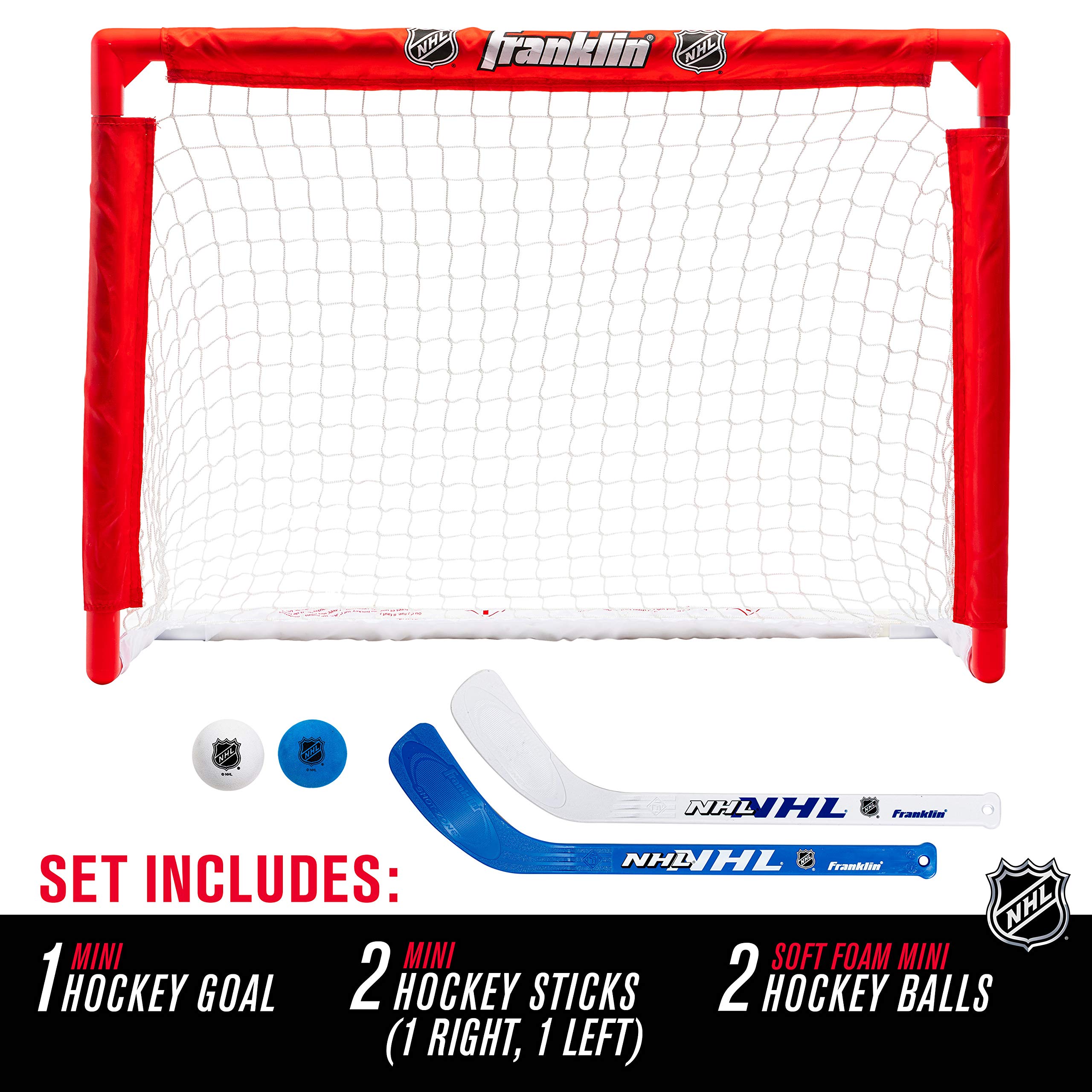 Franklin Sports NHL s Mini Hockey Set - Includes 1 Knee Hockey Goal - 2 Mini Hockey Sticks + 2 Foam Balls - Indoor Mini Hockey Goal + Sticks Set