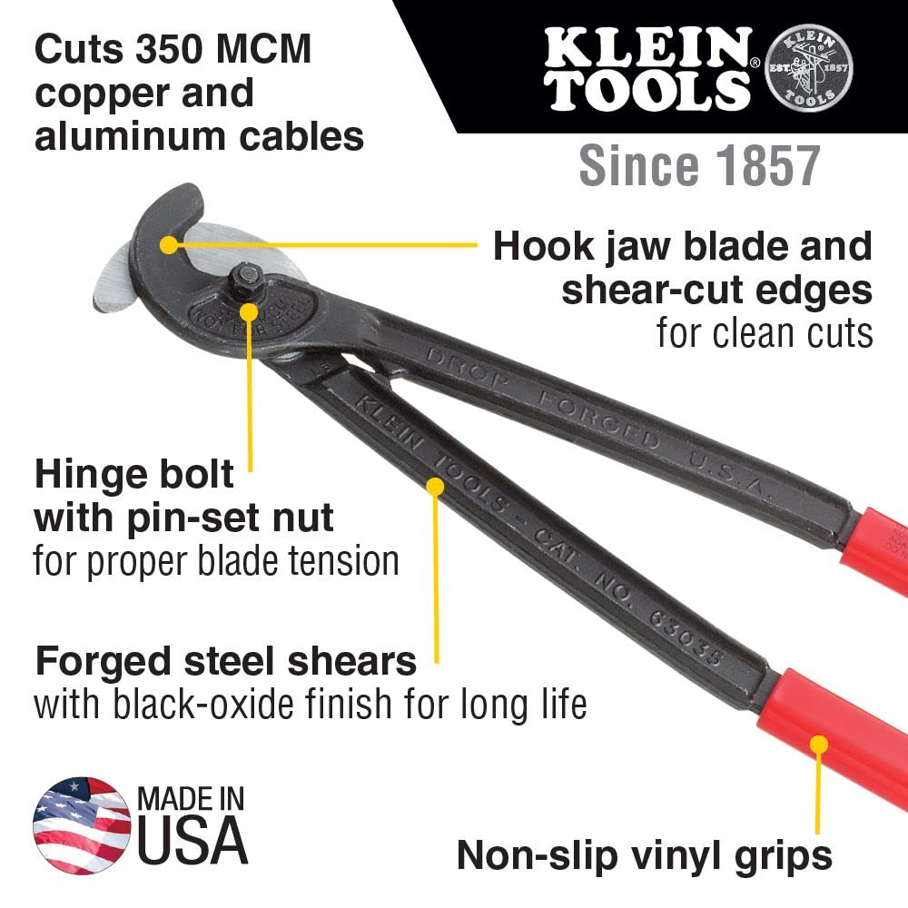 Klein Tools 63035 Cable Cutter, Made in USA, Utility Cable Cutter Cuts MCM Copper and 350 MCM Aluminum Cable, with Shear-Type Hook Jaws, 16-Inch Handles