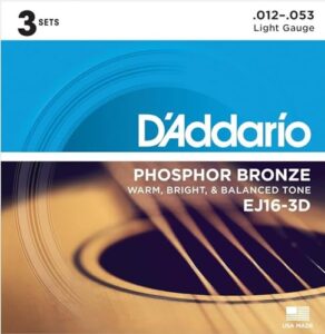 d'addario guitar strings - phosphor bronze acoustic guitar strings - ej16-3d - rich, full tonal spectrum - for 6 string guitars - 12-53 light, 3-pack