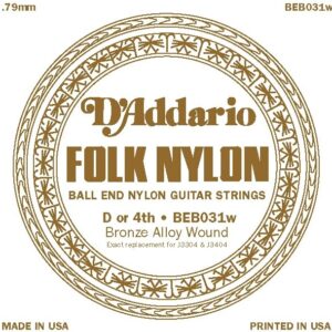 D'Addario BEB031W Folk Nylon Guitar Single String, Bronze Wound, Ball End, 031