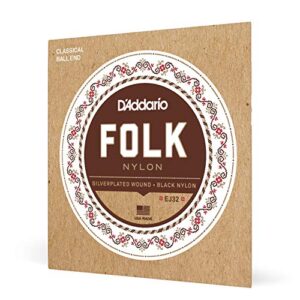 d'addario guitar strings - folk nylon guitar strings - ej32 classical guitar strings - nylon core, ball end - silver plated wrap, black nylon trebles