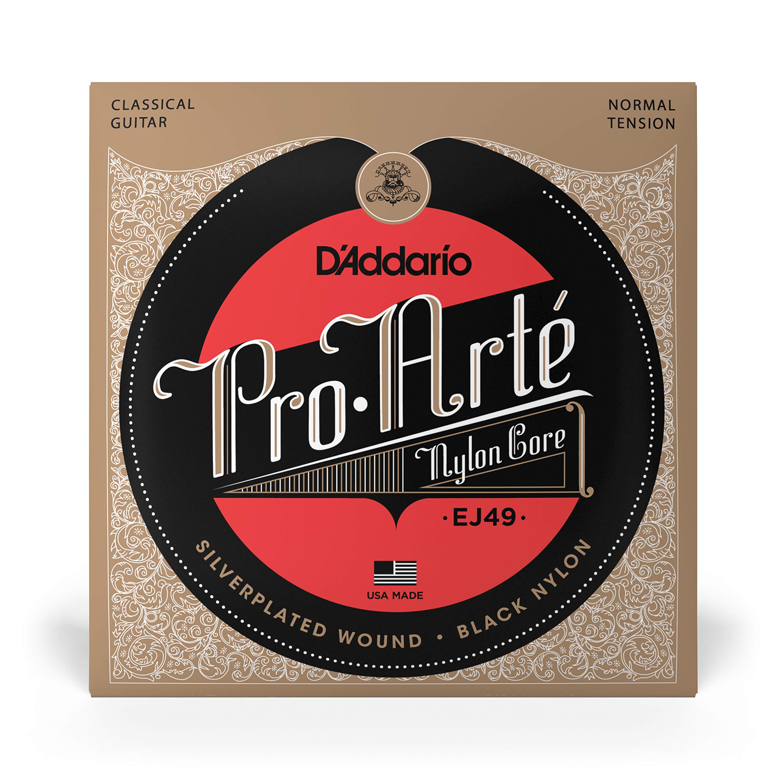 D'Addario Guitar Strings - Pro-Arte Classical Guitar Strings - EJ49 - Nylon Guitar Strings - Silver Plated Wound, Black Nylon Core - Normal Tension