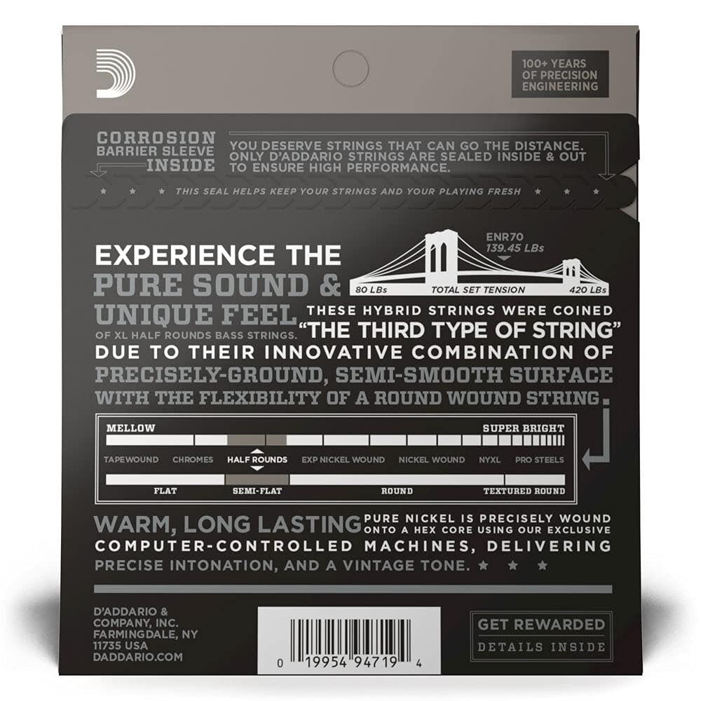 D'Addario XL Half Rounds Bass Guitar Strings - ENR70 - Long Scale - Super Light, 40-95