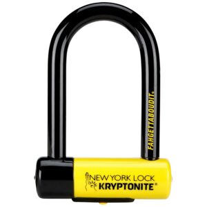 kryptonite new york fahgettaboudit mini bike u-lock, heavy duty anti-theft bicycle u lock sold secure gold, 18mm shackle with keys, 10/10 security rating for e-bike, motorcycle, scooter