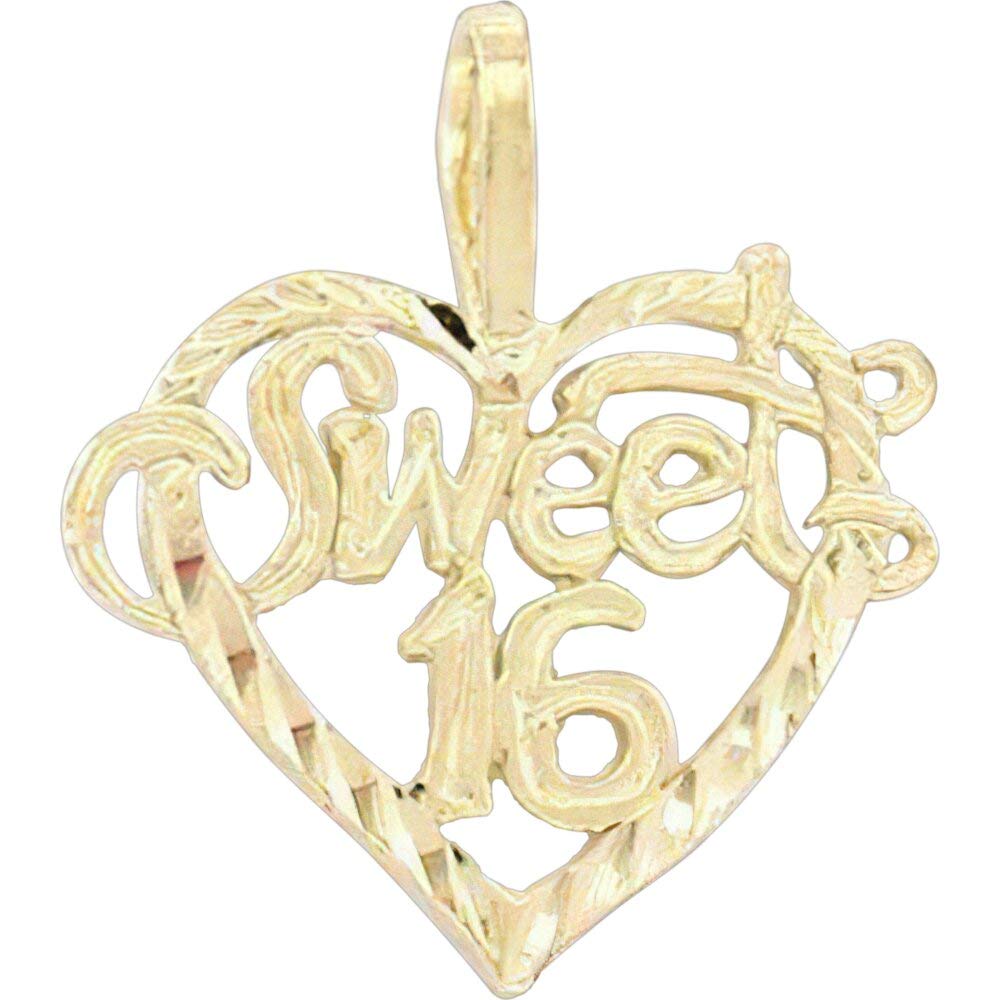 14K Gold Sweet 16 Heart Charm Diamond-Cut Jewelry 16mm