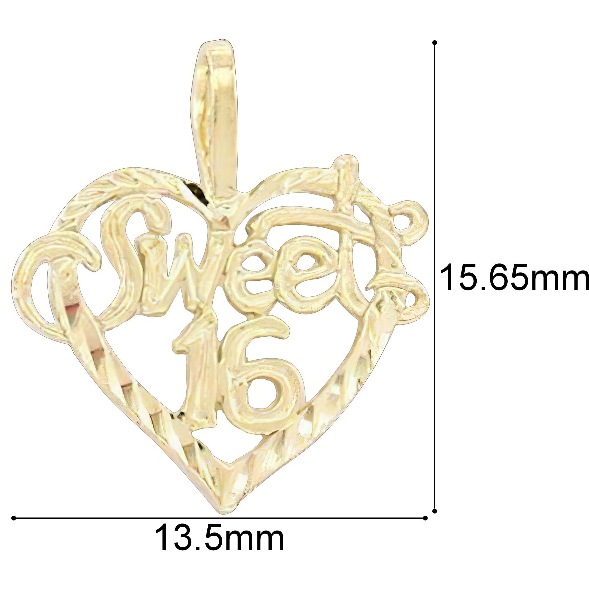 14K Gold Sweet 16 Heart Charm Diamond-Cut Jewelry 16mm