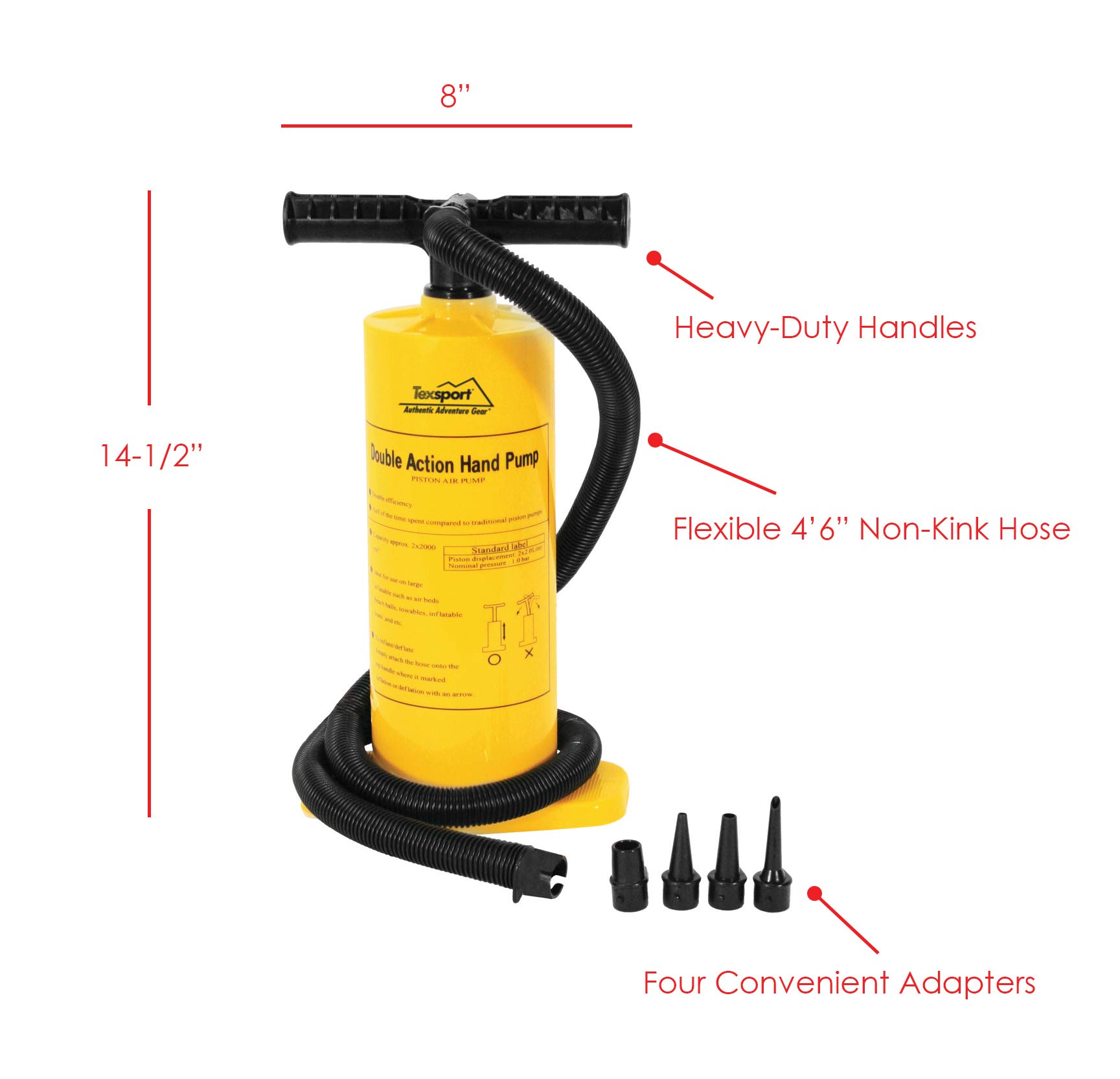 Texsport Double Action Hand Pump for Air Mattress , Yellow , 67 x 28.5 x 11.8