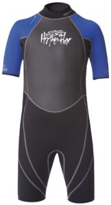 hyperflex access unisex child's 2mm back zip shorty wetsuit - warm, kid's springsuit - 4-way stretch neoprene - adjustable collar and flat lock construction - 50+ uv shield. ages 2 thru 16