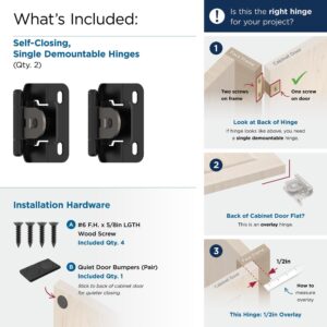 Amerock | Single Demountable Cabinet Hinge | 1/2 inch (12.7 mm) Overlay Hinge | Satin Nickel | 2 Count (pack of 1) | Self-Closing Hinge | Cabinet Door Hinge