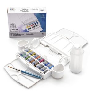 winsor & newton cotman watercolor paint set, field travel set, 12 half pan w/ brush, mixing palette, bottle