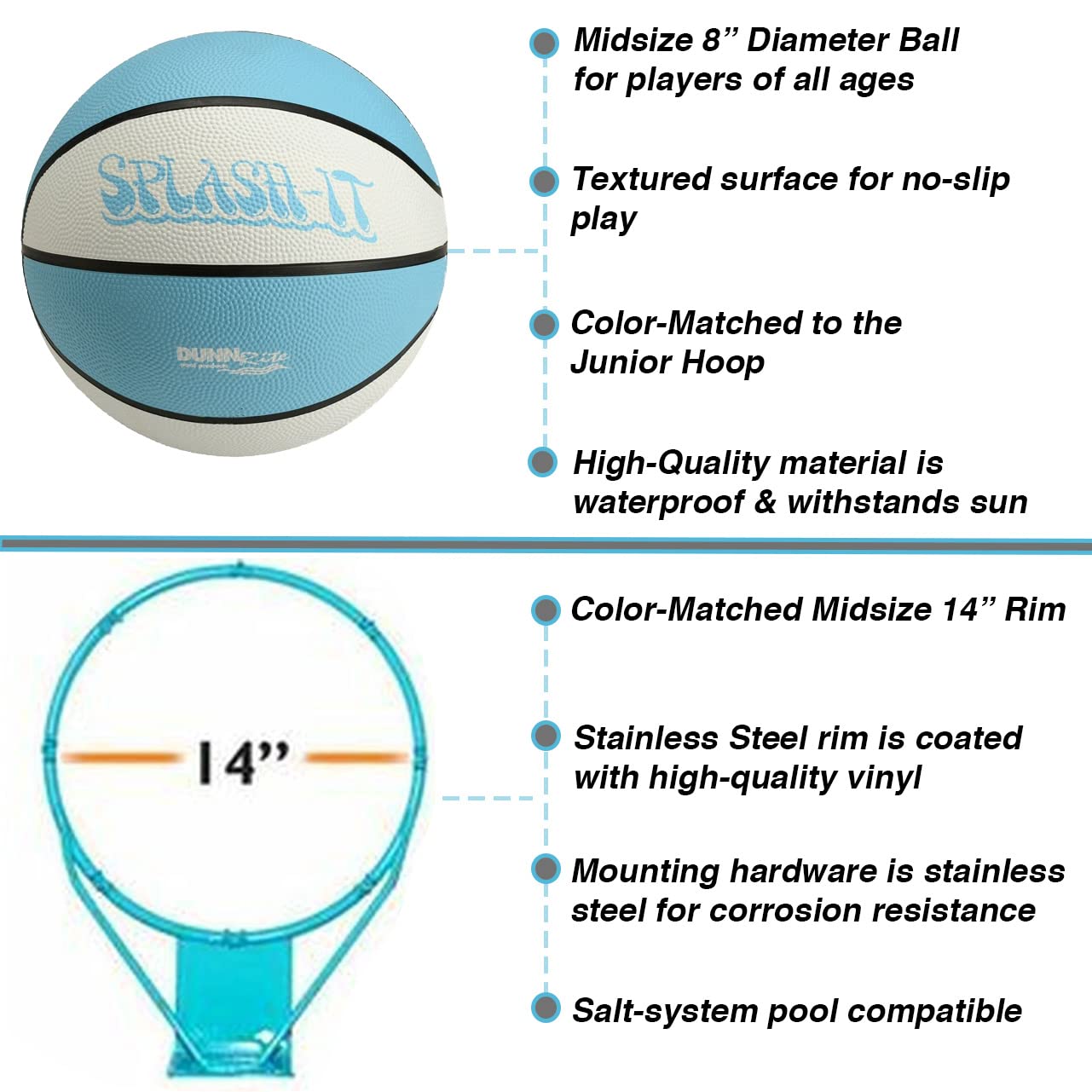 Dunn-Rite Junior Hoop Poolside Fillable Base Basketball Hoop w/Ball, Base, & 14 Inch Stainless Steel Rim, White