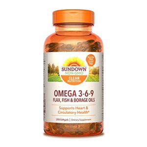 sundown omega 3 6 9, with flax, fish and borage oils, supports heart and circulatory health, 200 softgels (packaging may vary)