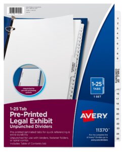 avery premium collated legal exhibit divider set, avery style, 1-25 and table of contents, side tab, 8.5 x 11 inches, 1 set (11370)