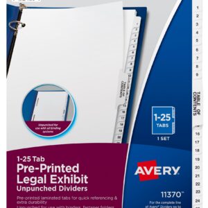 Avery Premium Collated Legal Exhibit Divider Set, Avery Style, 1-25 and Table of Contents, Side Tab, 8.5 x 11 Inches, 1 Set (11370)