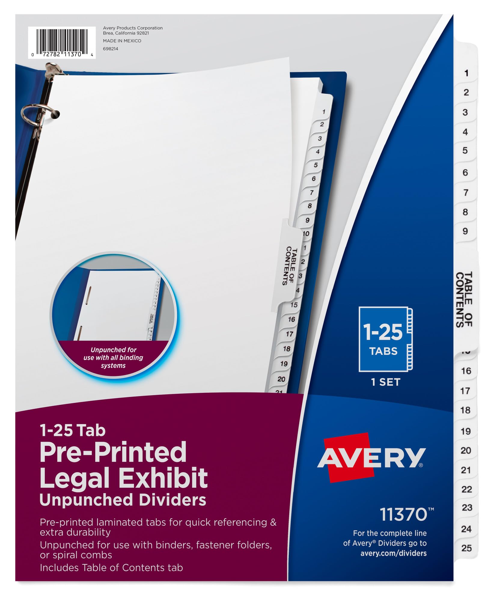 Avery Premium Collated Legal Exhibit Divider Set, Avery Style, 1-25 and Table of Contents, Side Tab, 8.5 x 11 Inches, 1 Set (11370)