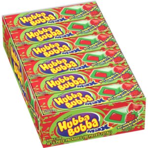 hubba bubba gum (18 pack) max bubble gum strawberry watermelon flavored chewing gum, 5 piece