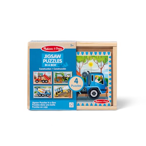 Melissa & Doug Construction Vehicles 4-in-1 Wooden Jigsaw Puzzles in a Box (48 pcs) - FSC Certified