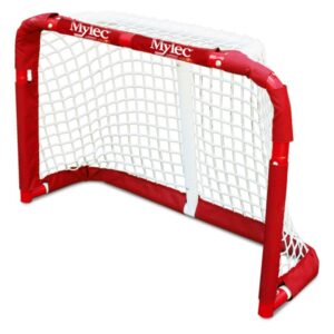 mylec mini steel hockey goal, cross ice regulation goal (3 x 2 feet), lightweight & portable, sleeve netting system, (red, 14.5 pounds)