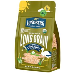 lundberg brown rice, organic long grain rice - non-sticky, fluffy whole grain rice for healthy meals, vegan food, gluten-free rice grown in california, 32 oz