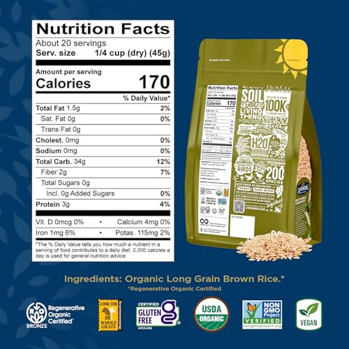 Lundberg Brown Rice, Organic Long Grain Rice - Non-Sticky, Fluffy Whole Grain Rice for Healthy Meals, Vegan Food, Gluten-Free Rice Grown in California, 32 Oz