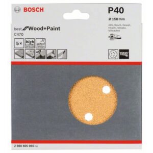 Bosch 2608605085 Sanding Paper, 5.9 inches (150 mm) φ #40 (5 Sheets)