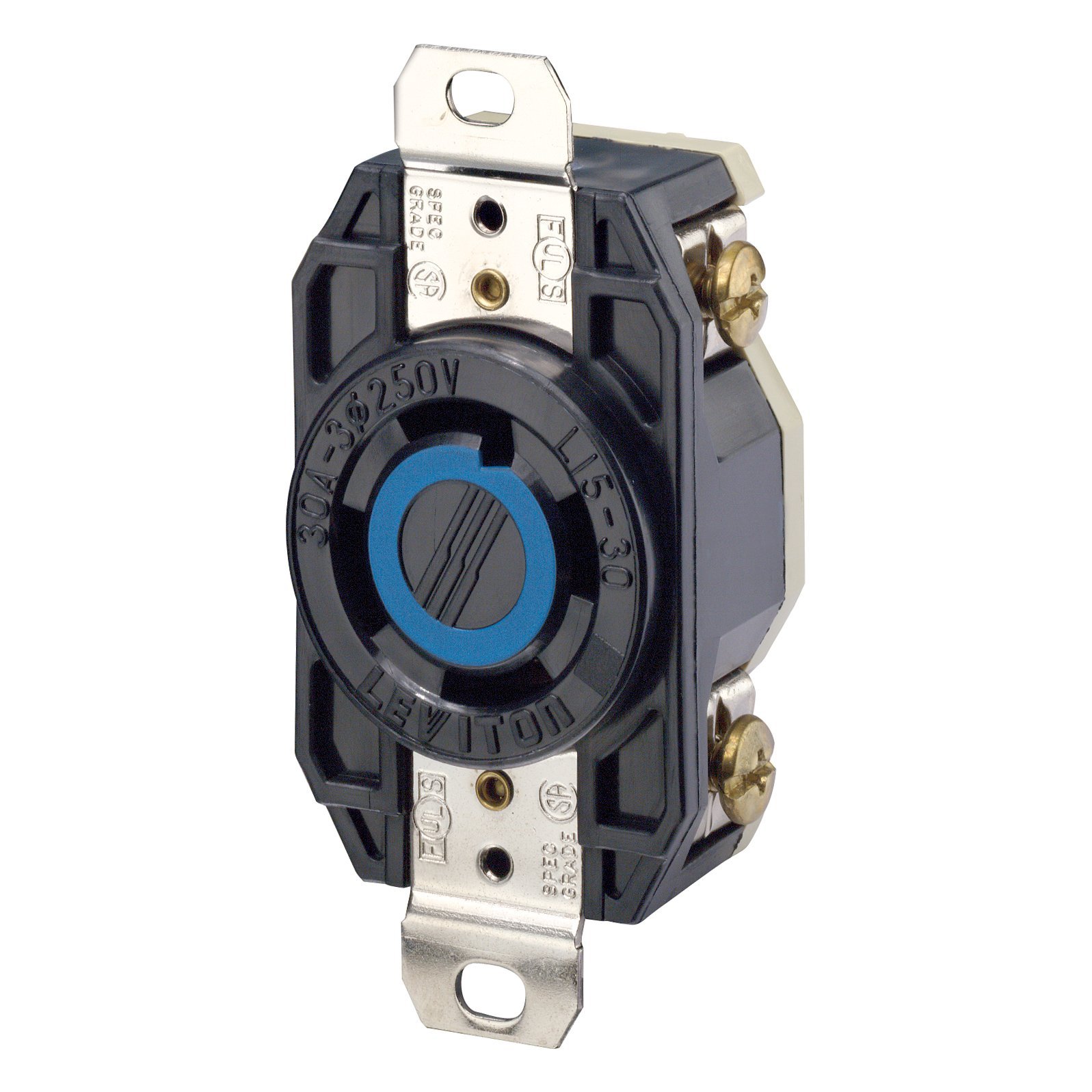 Leviton 2720 30 Amp, 250 Volt 3-Phase, Flush Mounting Locking Receptacle, Industrial Grade, Grounding, V-0-MAX, Black