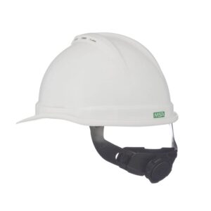 MSA 10034018 V-Gard 500 Cap Style Safety Hard Hat With Fas-Trac III Ratchet Suspension | Polyethylene Shell, Superior Impact Protection, Self Adjusting Crown-Straps - Standard Size in White