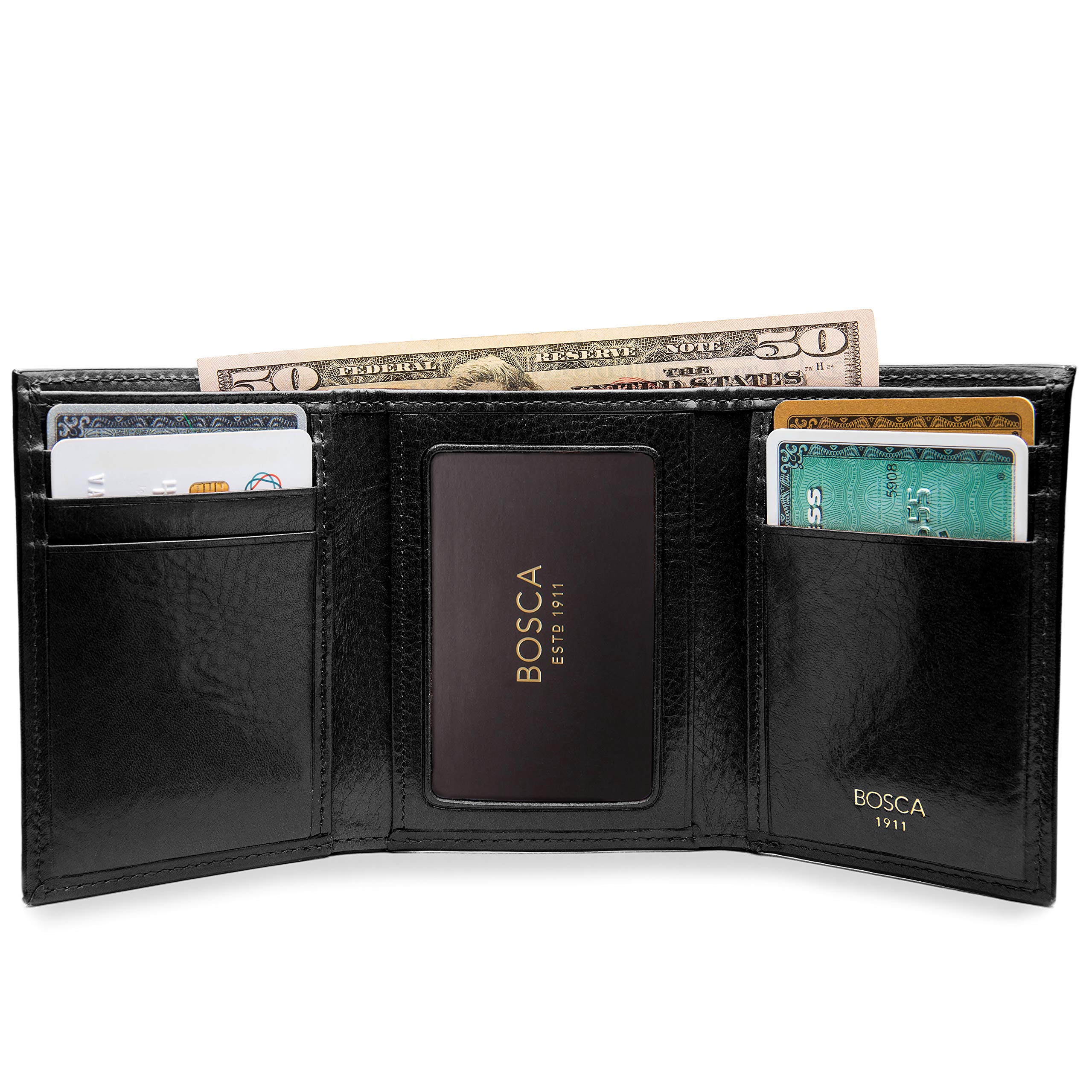 Bosca Men's Wallet, Old Leather Double I.D. Tri Fold Wallet with RFID Blocking, Black