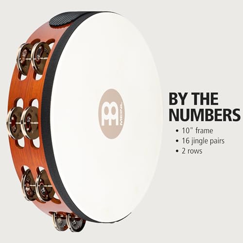 Meinl Percussion TAH2AB Traditional 10-Inch Wood Tambourine with Goat Skin Head and Steel Jingles, 2 Row