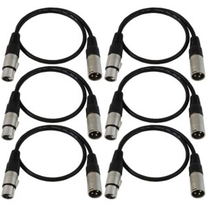 gls audio 2ft patch cable cords - xlr male to xlr female black cables - 2' balanced snake cord - 6 pack