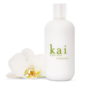 kai body lotion, 8 fl oz., shea butter, extracts of cucumber, comfrey and ivy, scented with the delicously, fresh + clean signature fragrance, vegan, cruelty free, made in the usa