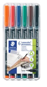 staedtler lumocolor universal pen, fine, felt tip, permanent marker, box of 6 assorted color pens, 0.6mm 318 wp6