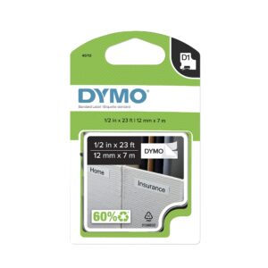 dymo authentic d1 label l dymo labels for labelmanager, colorpop and labelwriter duo label makers, great for organization, indoor or outdoor use, ½” (12mm), black print on white tape, water resistant