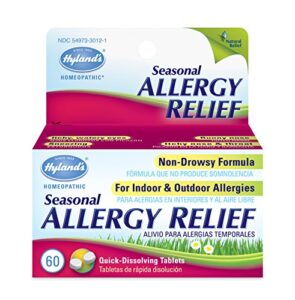 allergy pills by hyland's, non drowsy seasonal allergy relief, safe and natural for indoor & outdoor allergies, 60 quick dissolving tablets