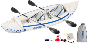 sea eagle se330 two person inflatable sport kayak boat with two seats, two paddles and pump