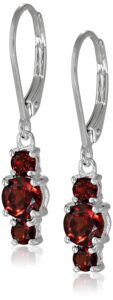 amazon essentials sterling silver genuine garnet 5mm and 3mm three stone january birthstone leverback dangle earrings (previously amazon collection)