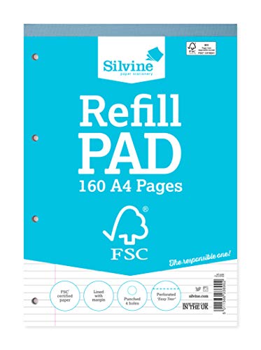 Silvine A4 Everyday FSC Refill Pad. Lined with Margin, 160 Pages of FSC Certified Paper. Ref FSCRP80 [Pack of 5]